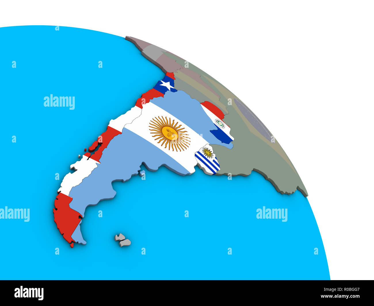 Southern Cone with embedded national flags on simple blue political 3D ...