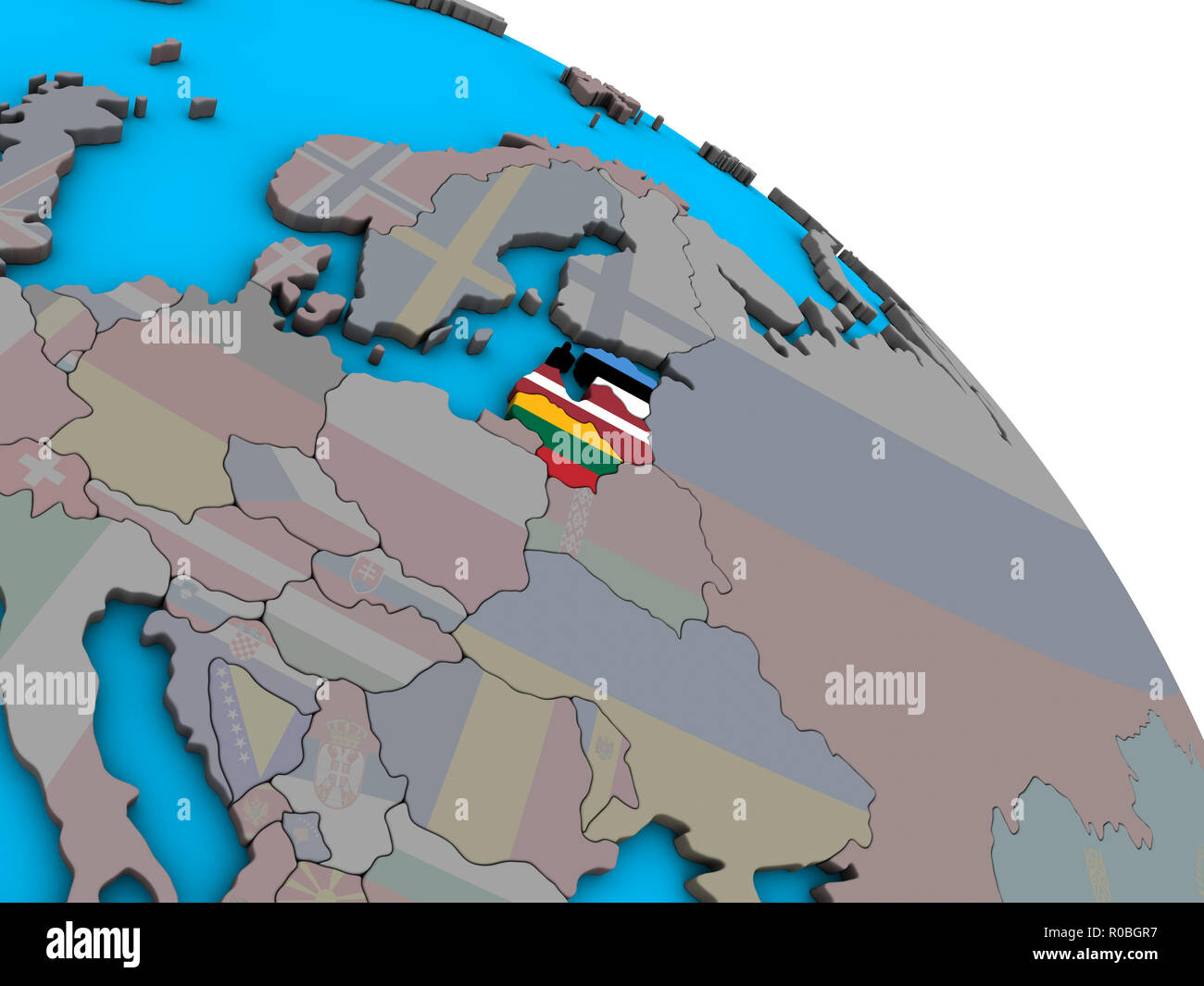 Baltic States with embedded national flags on simple blue political 3D ...