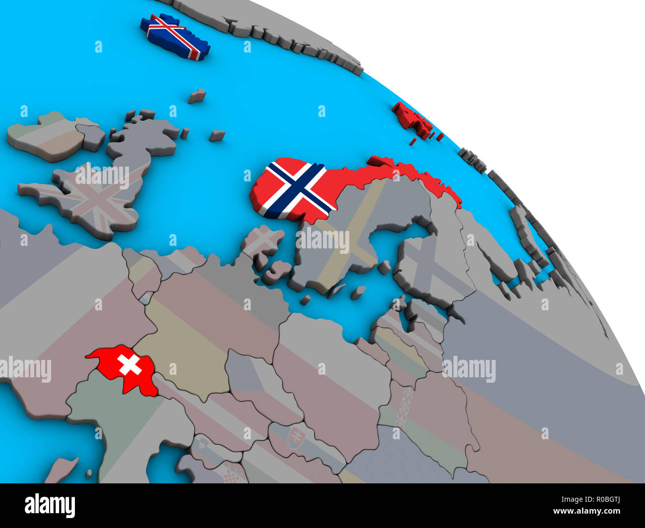 EFTA countries with embedded national flags on simple blue political 3D ...