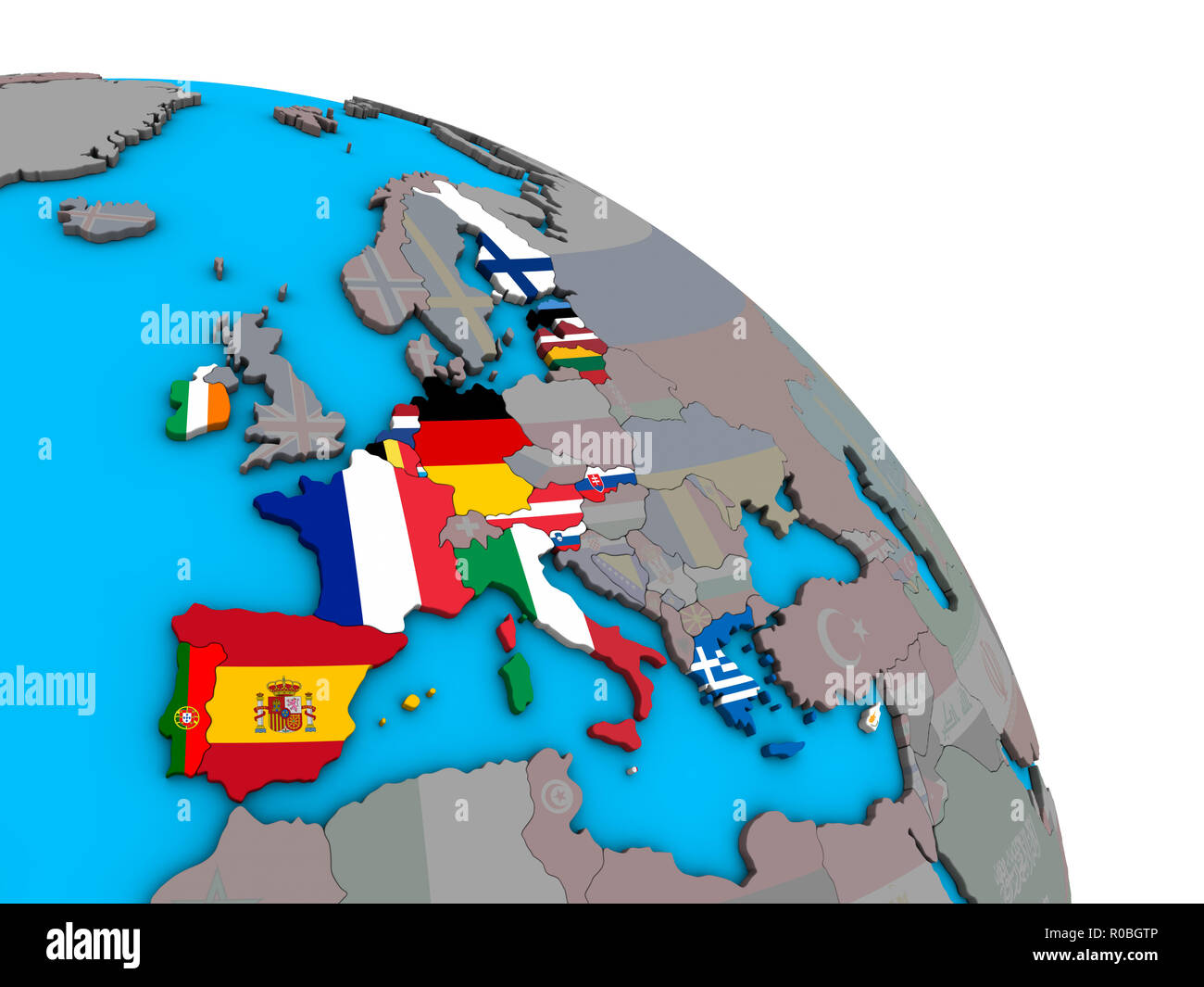Eurozone member states with embedded national flags on simple blue ...