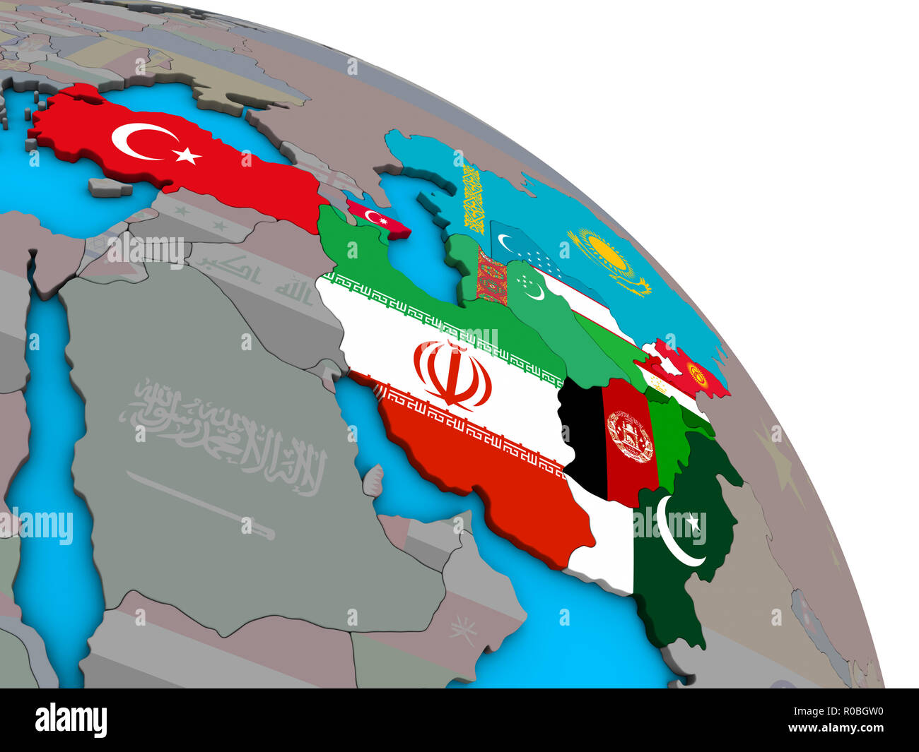 ECO member states with embedded national flags on simple blue political ...