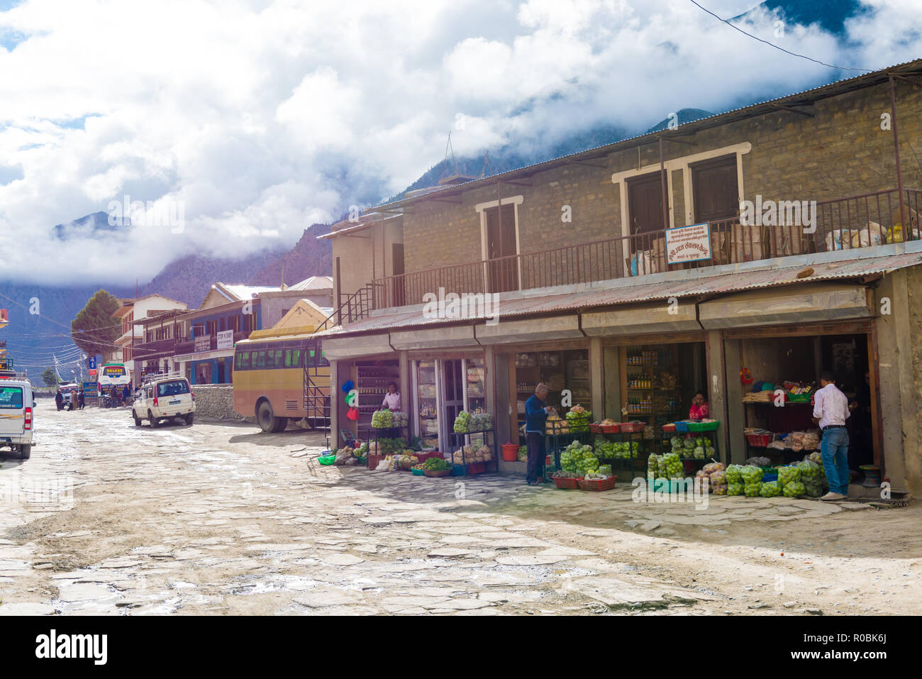 Jomsom, Nepal - July 30, 2018 : Street view and architecture in the ...