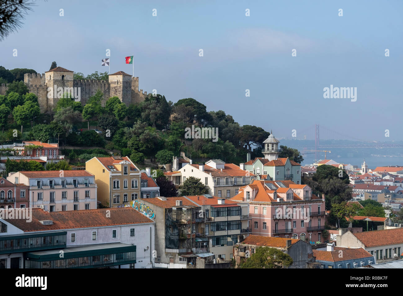 View of Lisbon city and the castle of Sao Jorge (St. George), Portugal ...
