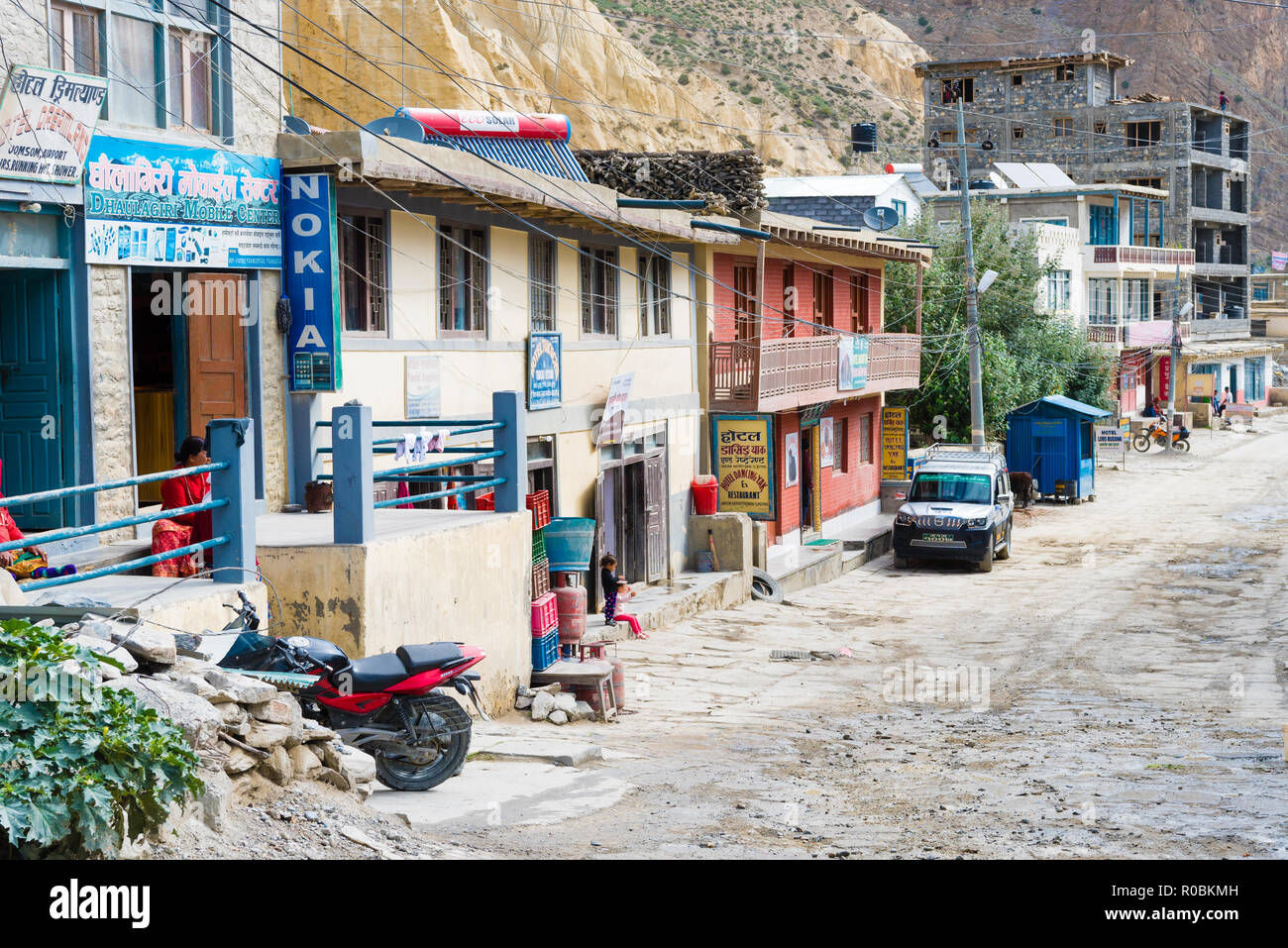 Jomsom, Nepal - July 30, 2018 : Street view and architecture in the ...