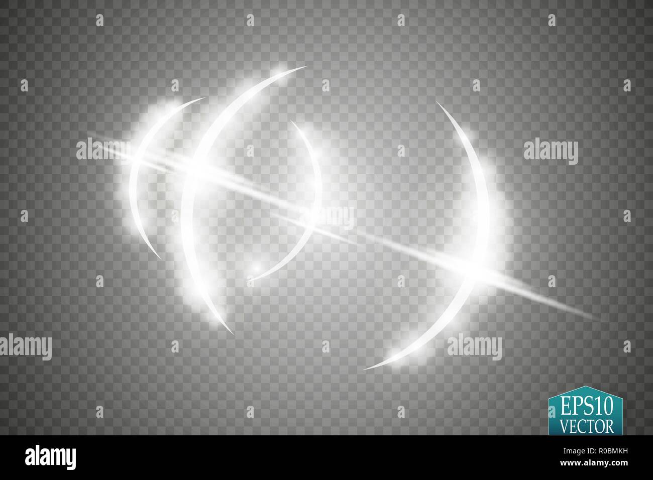 Set of golden glowing lights effects isolated on transparent background. Sun flash with rays and ...