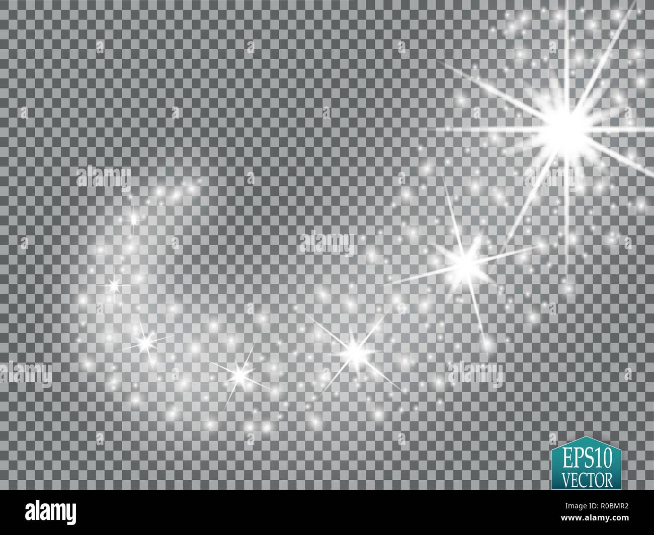 Set of golden glowing lights effects isolated on transparent background. Sun flash with rays and ...