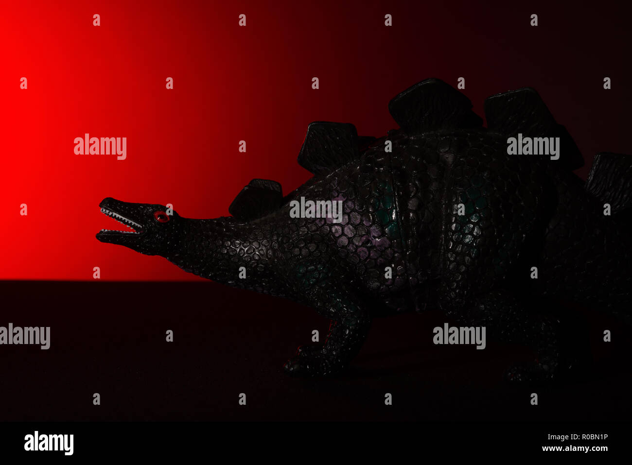 Stegosaurus with spot light on the head and red light on background no ...