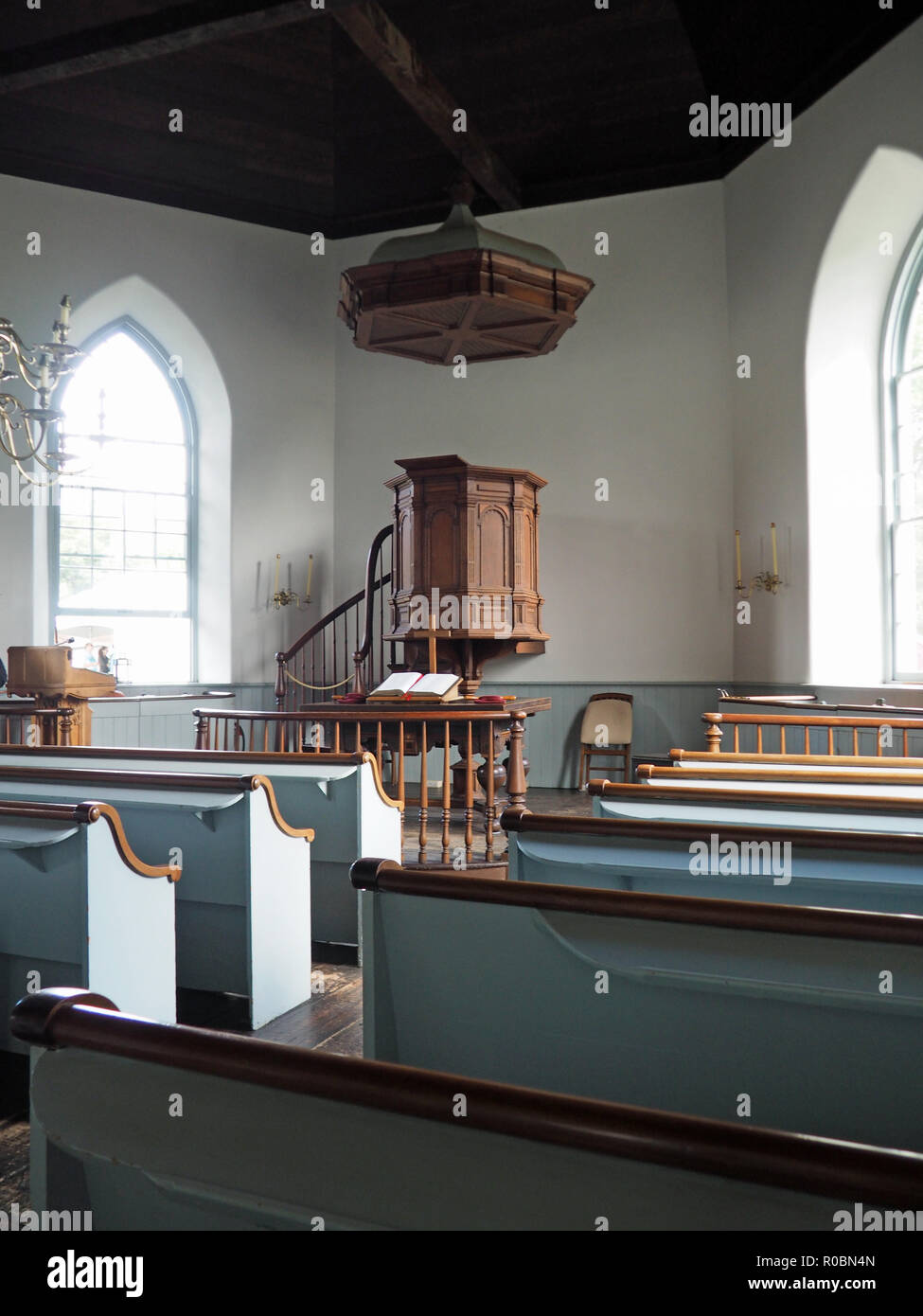 Interior of the Old Dutch Church in Sleepy Hollow, New York. The stone ...