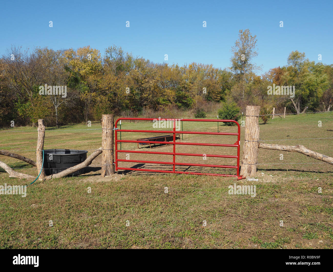 A metal red gate serves as entry to a fenced area for horses. There a ...