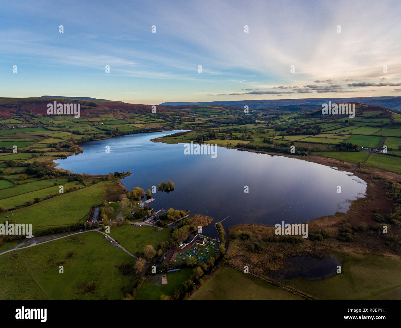 Aerial panoramic view of a beautiful natural lake in Brecon Beacons ...