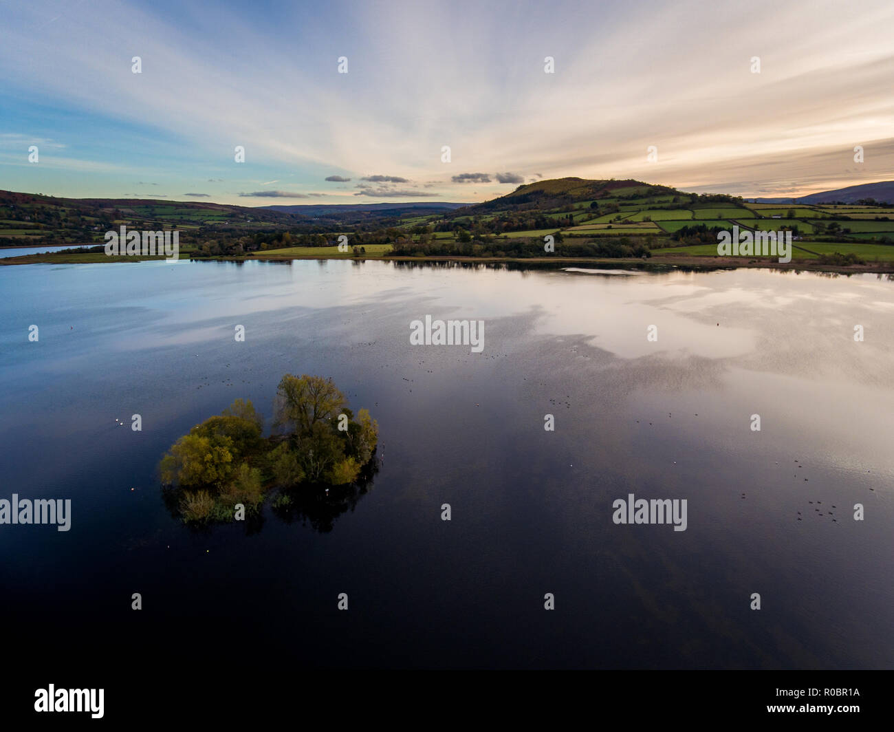 Aerial panoramic view of a beautiful natural lake in Brecon Beacons ...