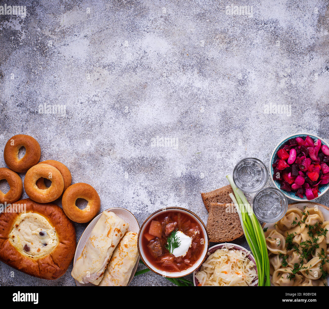 Traditional Russian dishes, sweets and vodka Stock Photo - Alamy