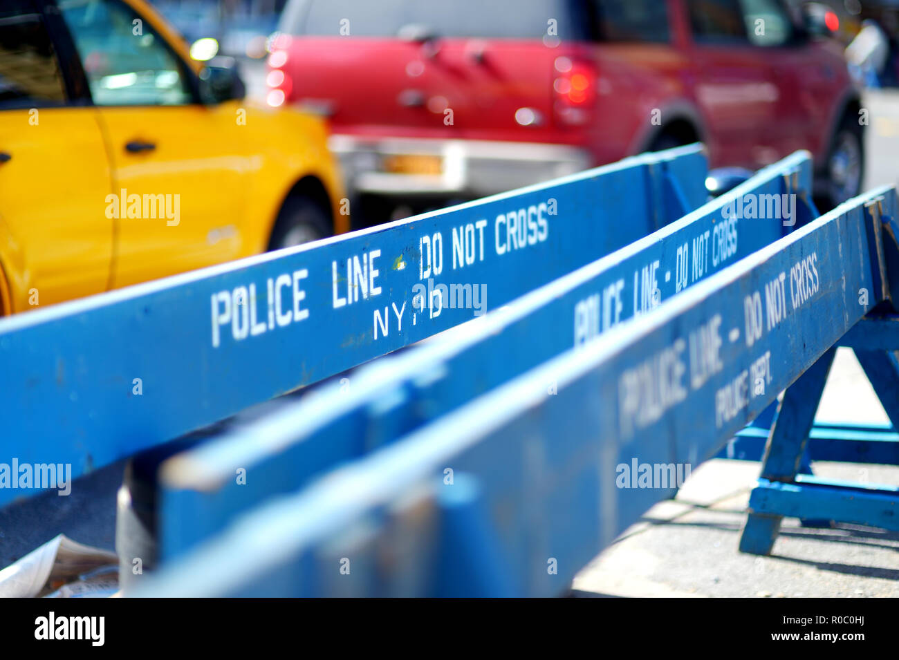 Wooden Do Not Cross police line barriers in New York, USA Stock Photo ...