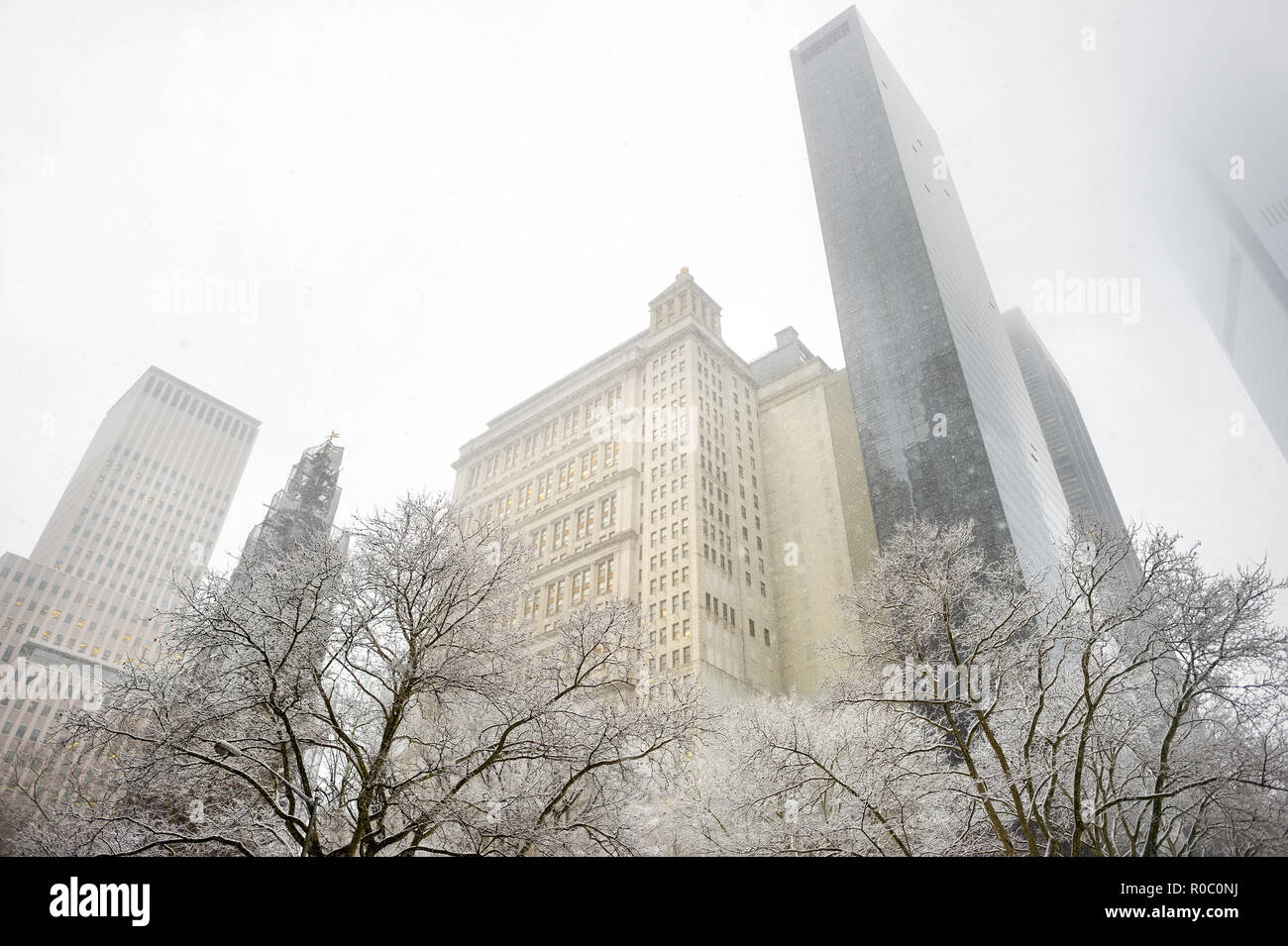 Skyscrapers in the downtown of New York, view from below. Massive ...