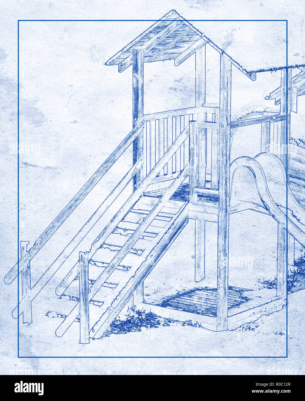 Wooden playing house for kids with slide in blueprint effect Stock ...