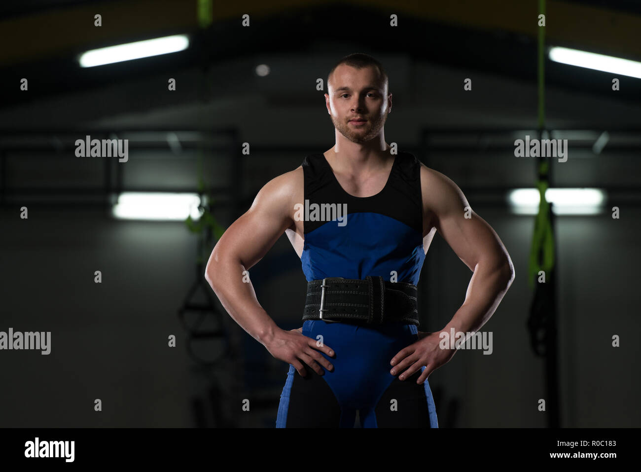 Portrait of Muscular Powerlifter Bodybuilder Fitness Model Standing ...