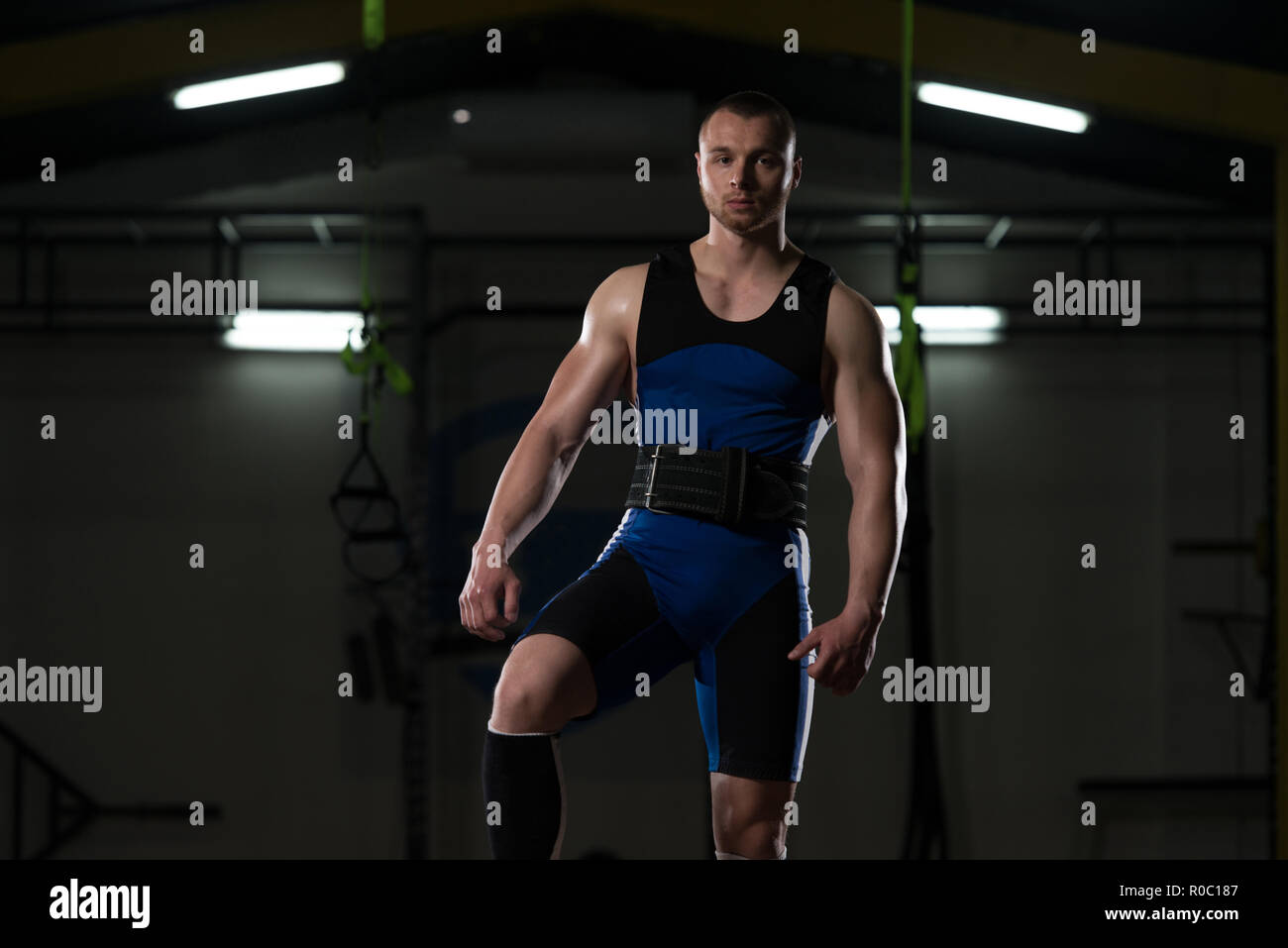 Portrait of Muscular Powerlifter Bodybuilder Fitness Model Standing ...