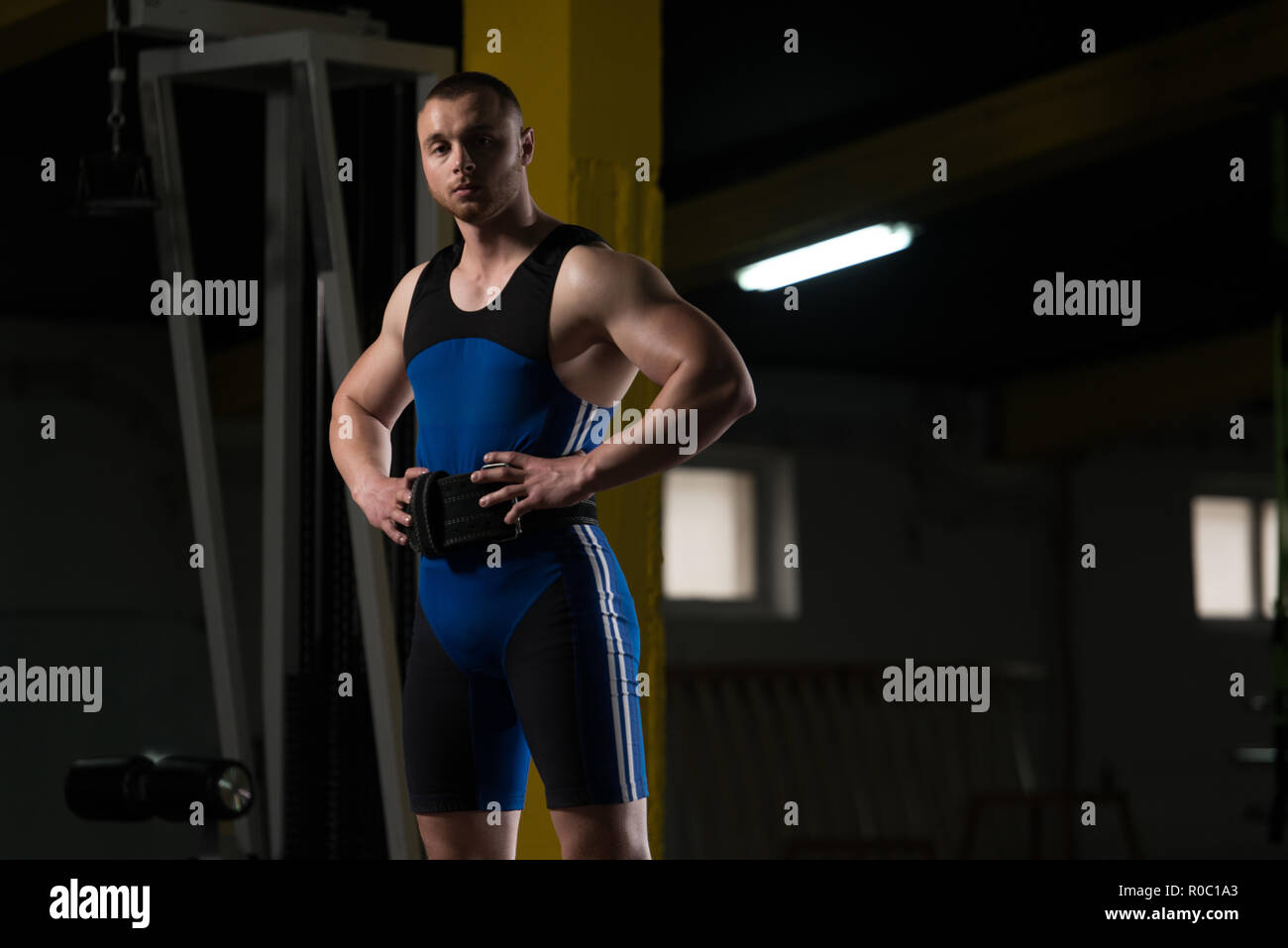 Portrait of Muscular Powerlifter Bodybuilder Fitness Model Standing ...