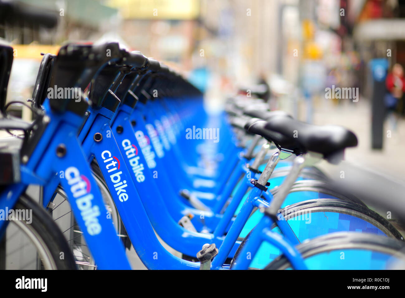 NEW YORK - MARCH 15, 2015: Row of Citi bike rental bicycles at docking ...