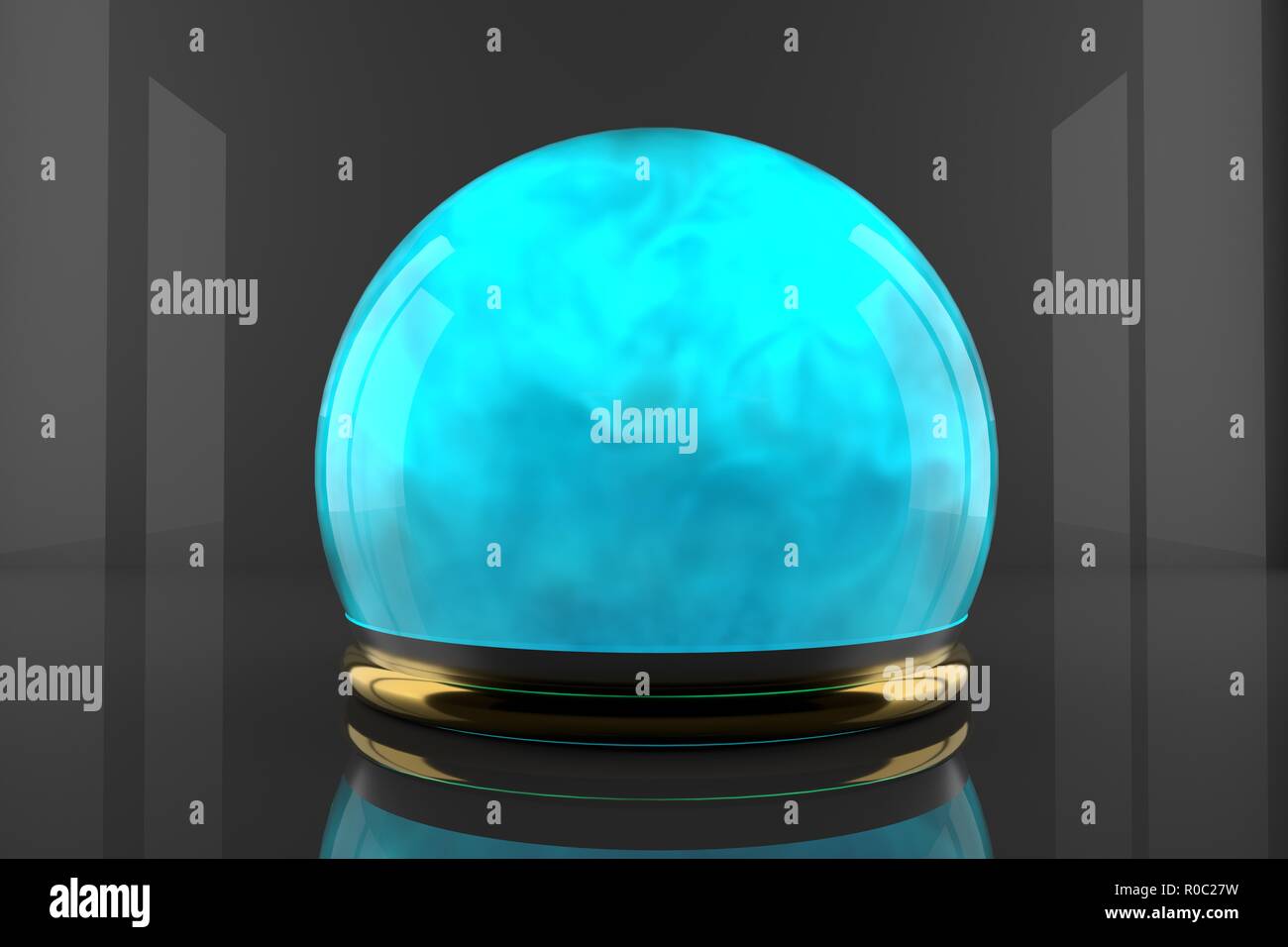 Crystal ball with fume particles motion. Cyan color gas inside a glass ...