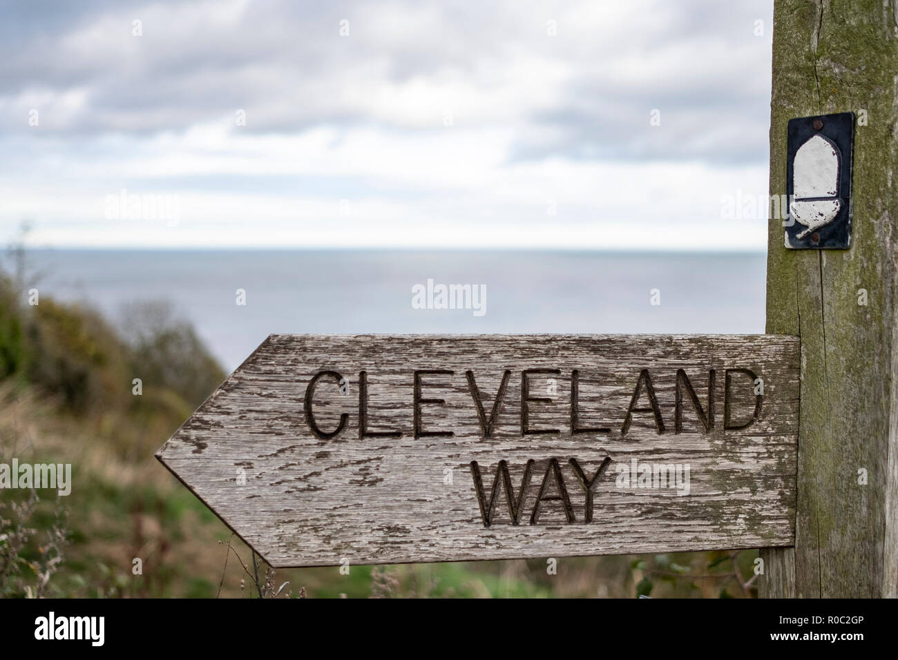 Cleveland way sign above Robin Hood's Bay, A small fishing Village in ...