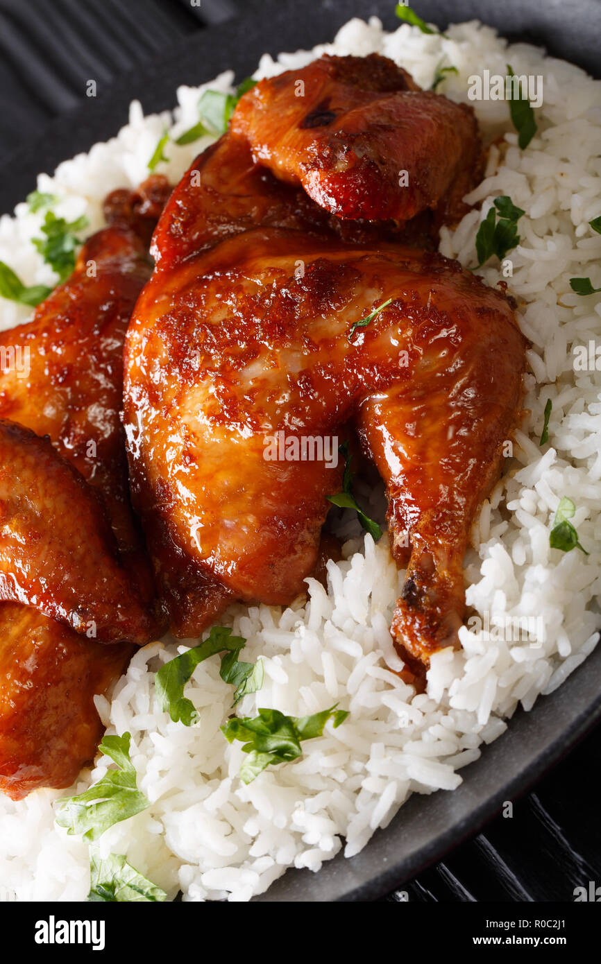 Indonesian chicken baked in ginger garlic sauce served with rice on a ...