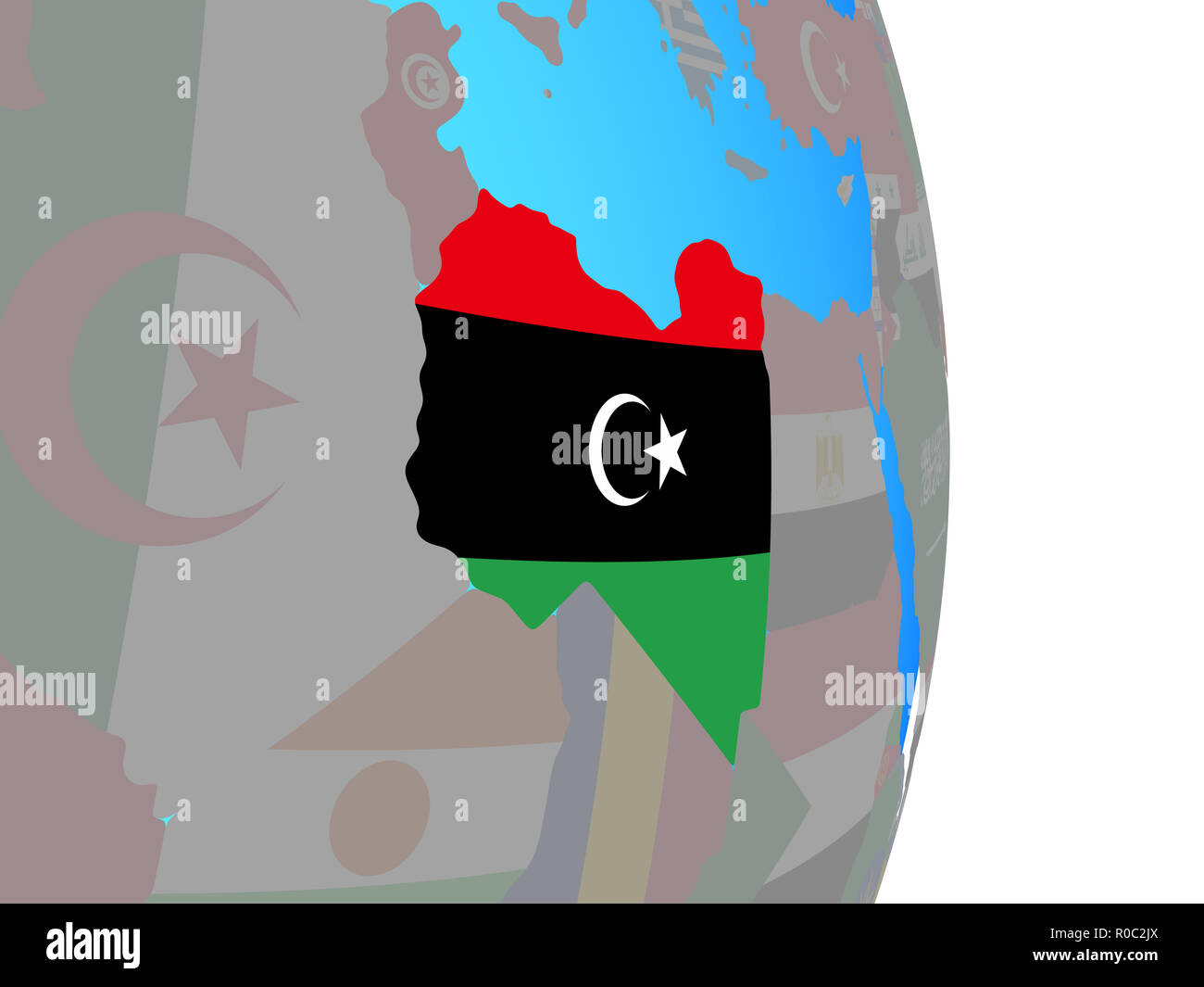 Libya with national flag on simple political globe. 3D illustration ...