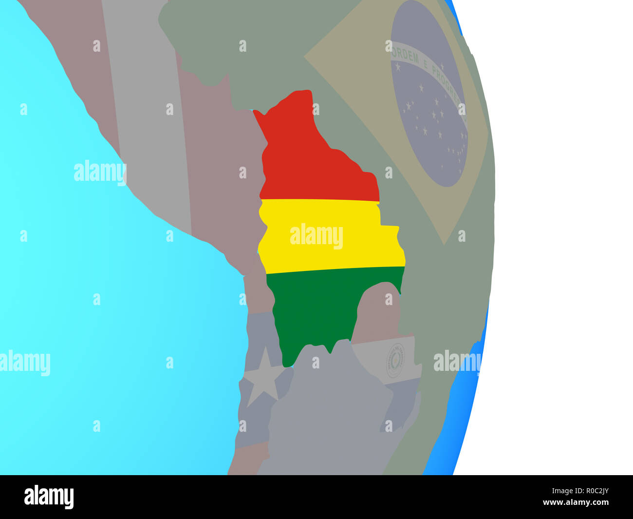 Bolivia with national flag on simple political globe. 3D illustration ...