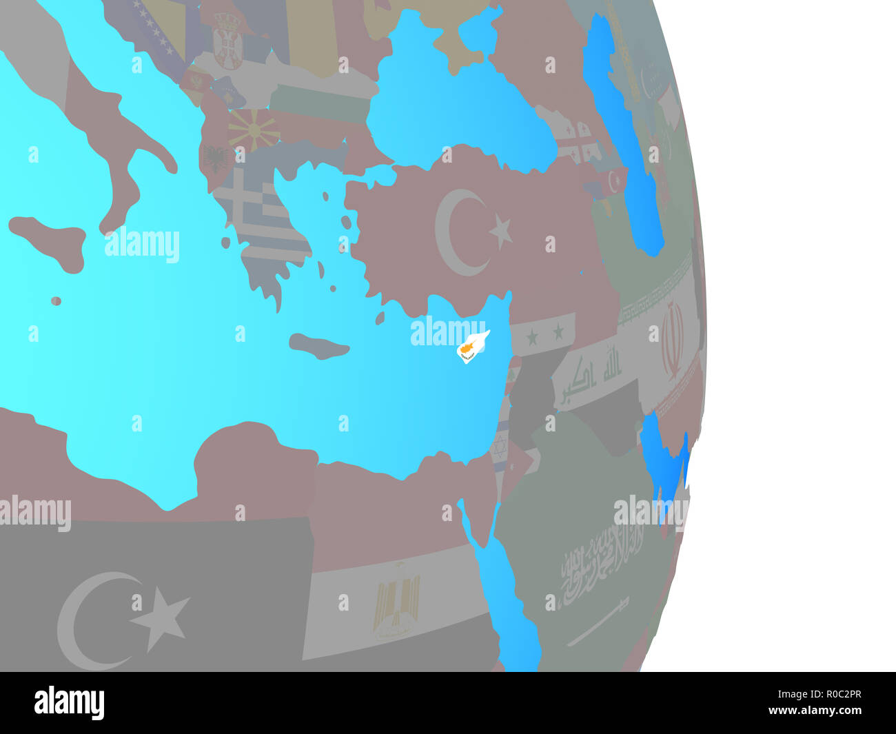 Cyprus with national flag on simple political globe. 3D illustration ...