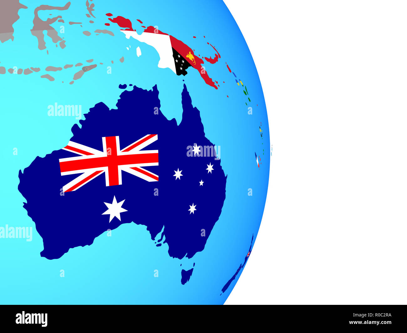 Australia with national flags on simple political globe. 3D ...