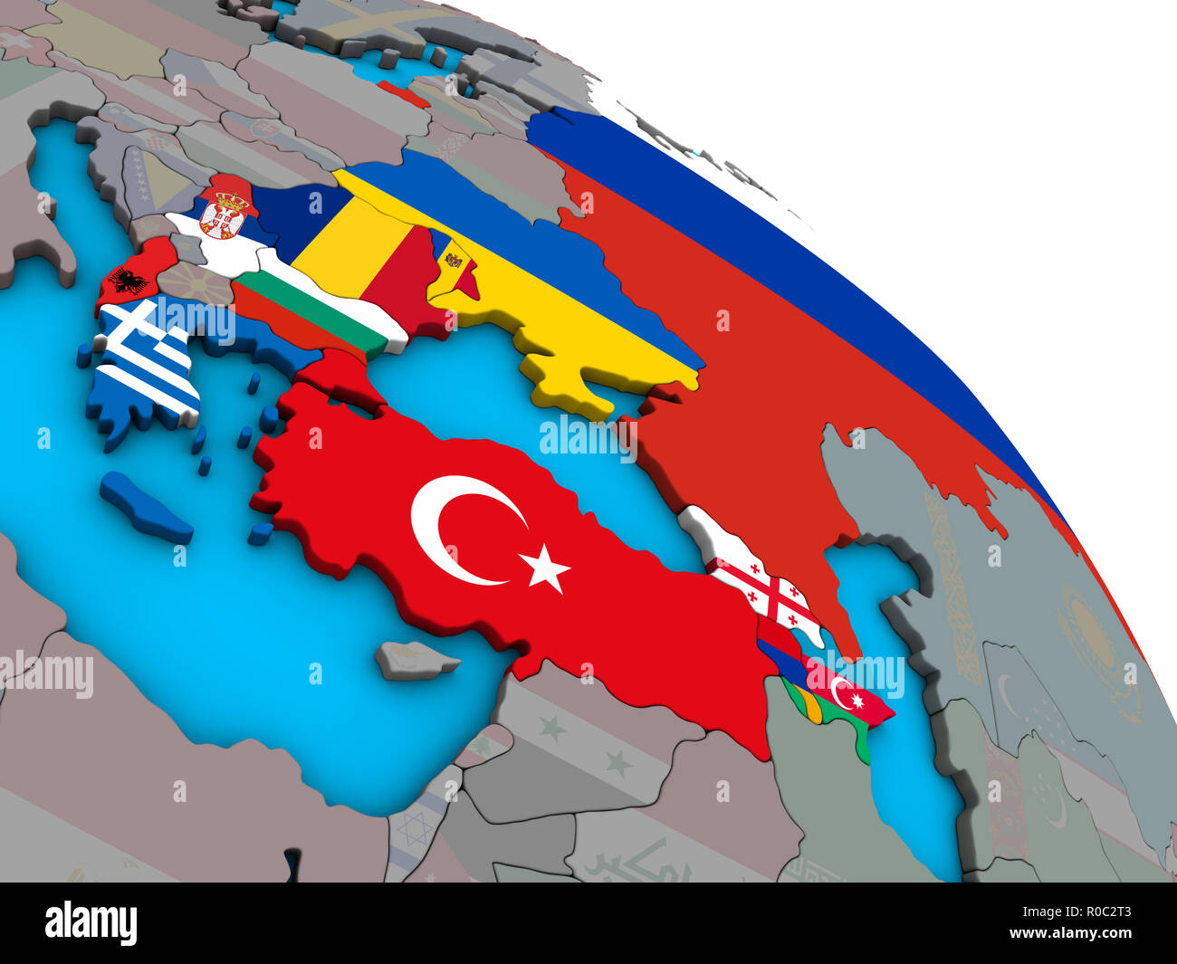 BSEC countries with embedded national flags on simple blue political 3D ...
