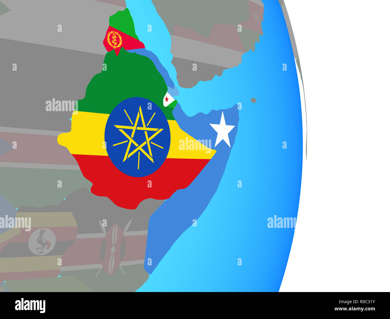 Horn of Africa with national flags on simple political globe. 3D ...
