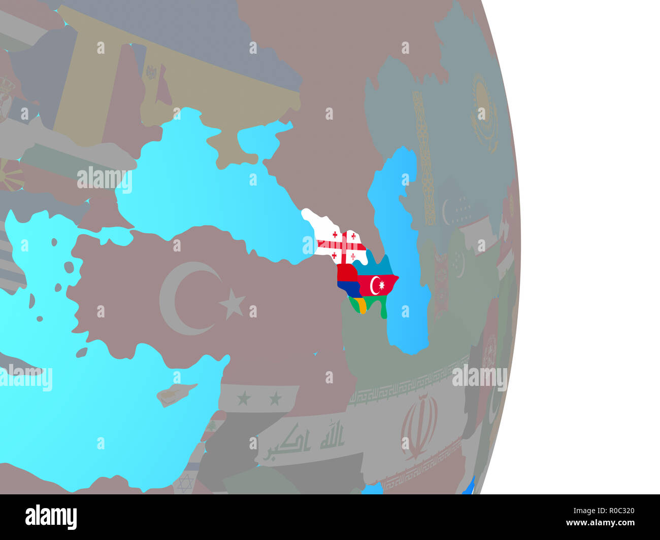 Caucasus region with national flags on simple political globe. 3D ...
