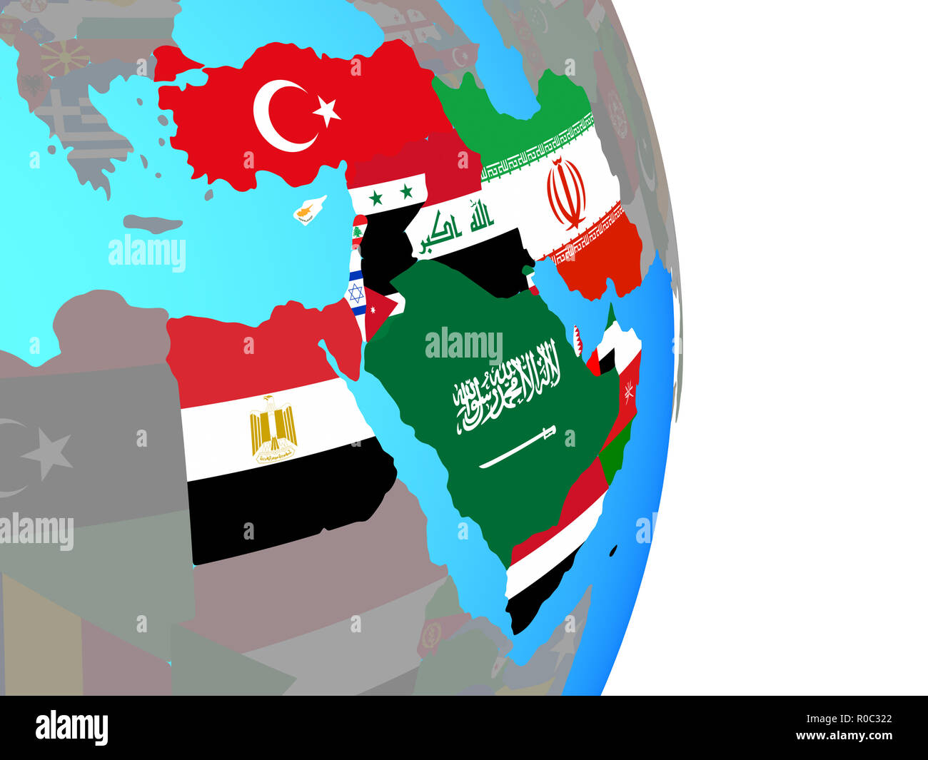 Middle East with national flags on simple political globe. 3D ...