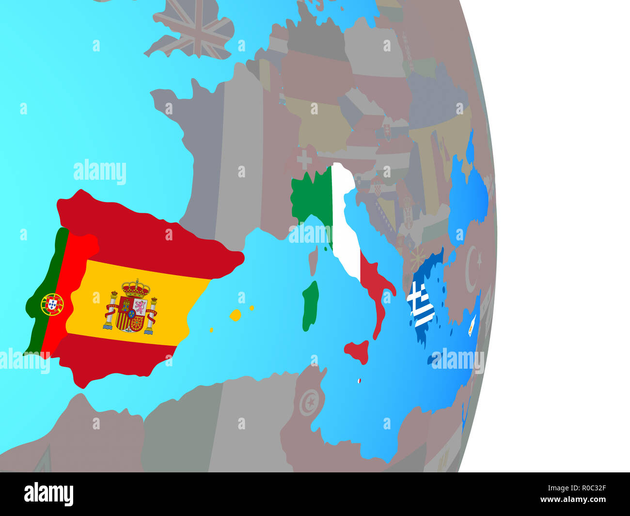 Southern Europe with national flags on simple political globe. 3D ...