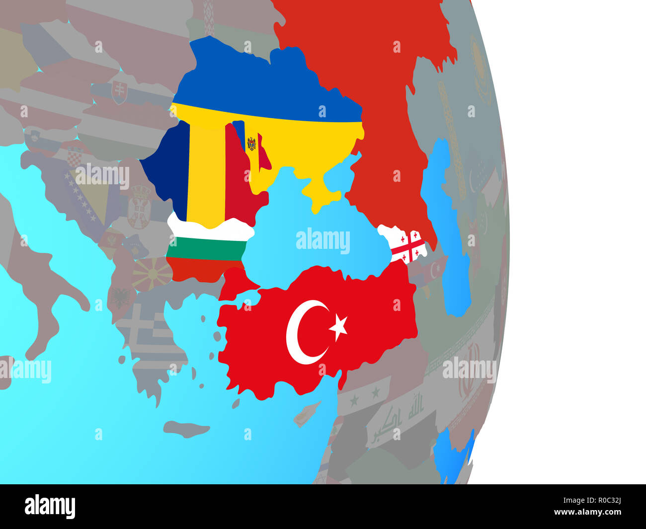 Black Sea Region with national flags on simple political globe. 3D ...
