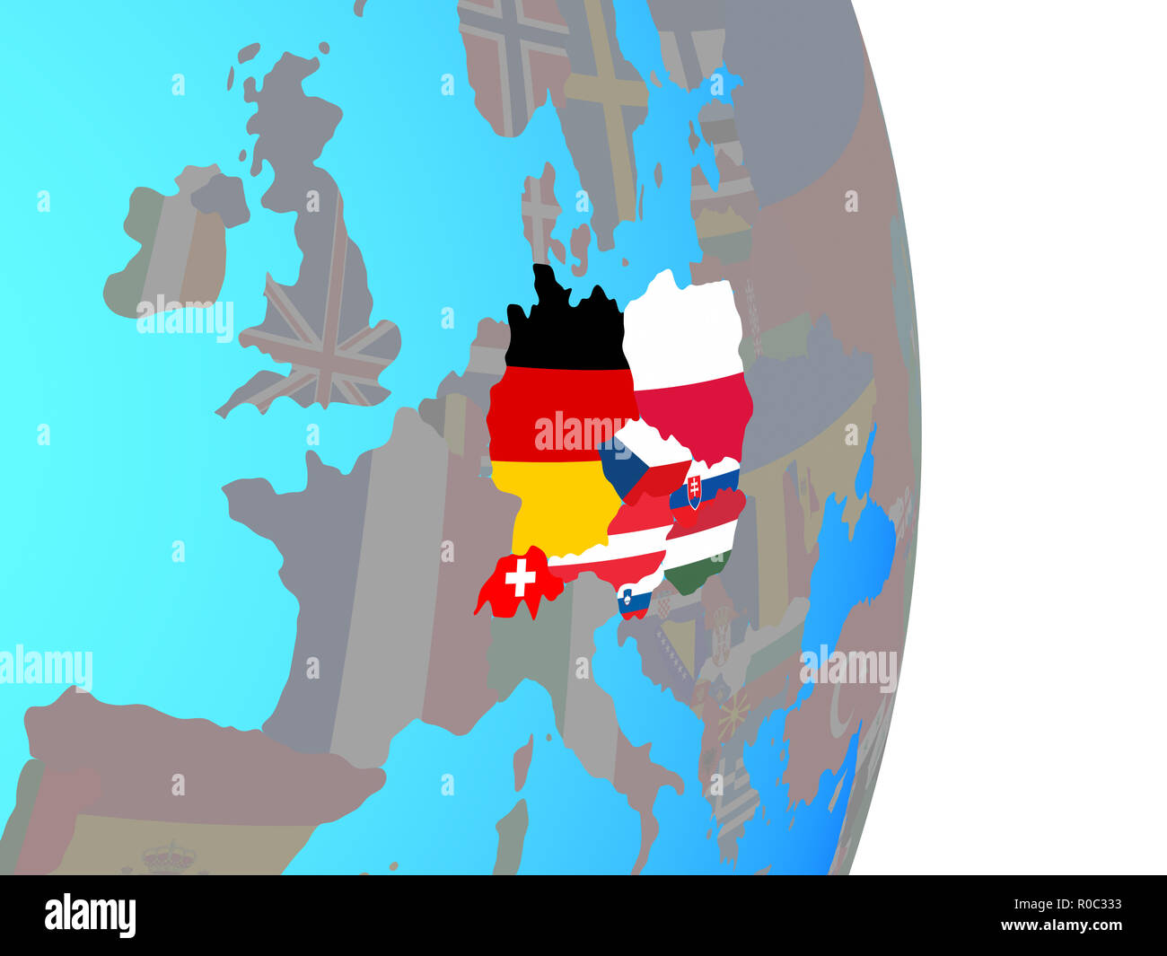 Central Europe with national flags on simple political globe. 3D ...