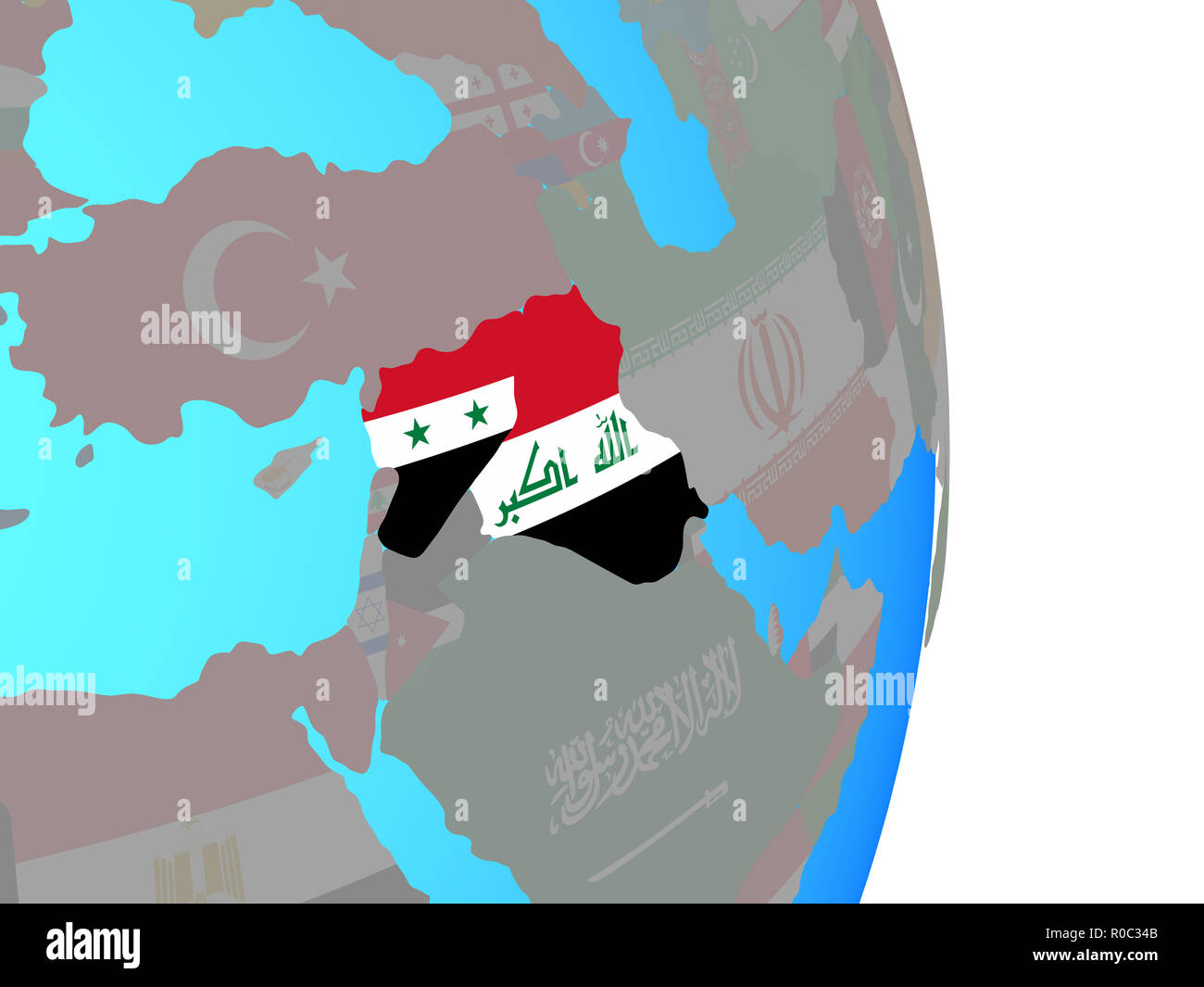 Islamic State with national flags on simple political globe. 3D ...