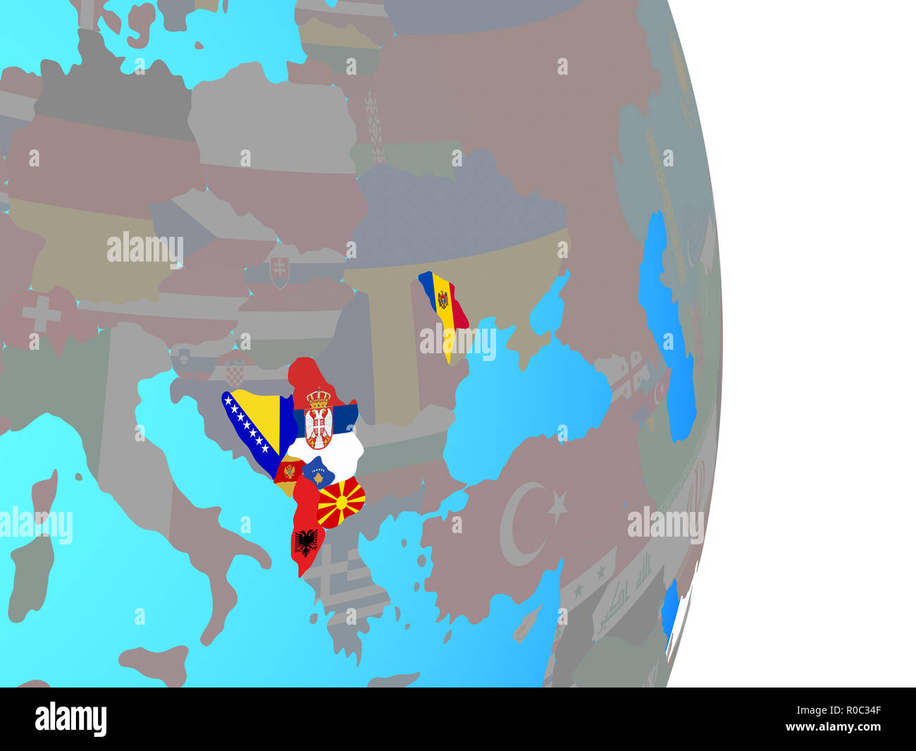 CEFTA countries with national flags on simple political globe. 3D ...
