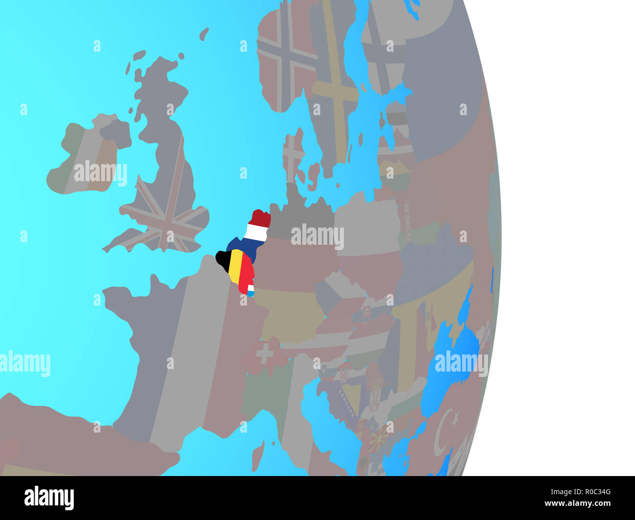 Benelux Union with national flags on simple political globe. 3D ...