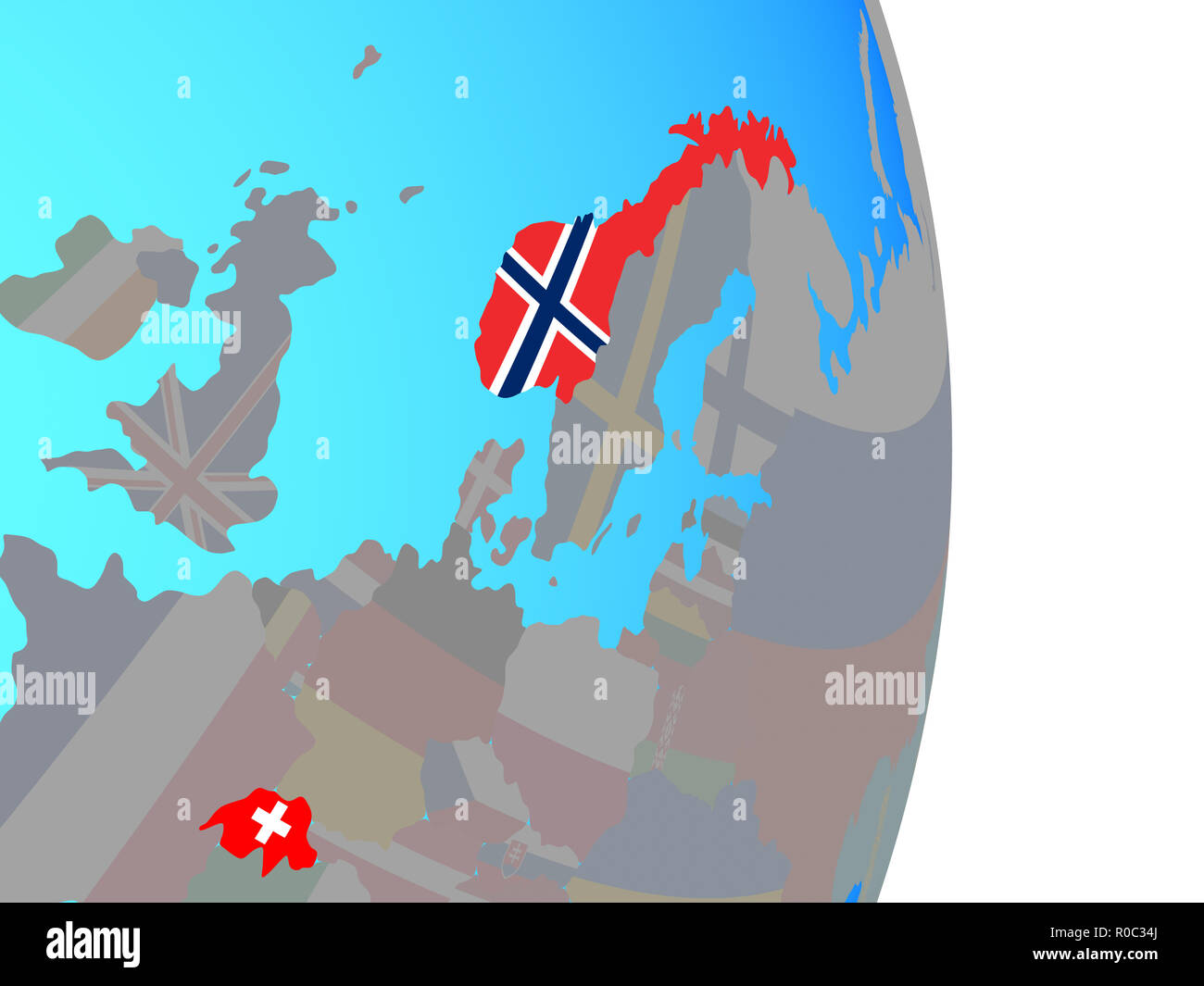 EFTA countries with national flags on simple political globe. 3D ...