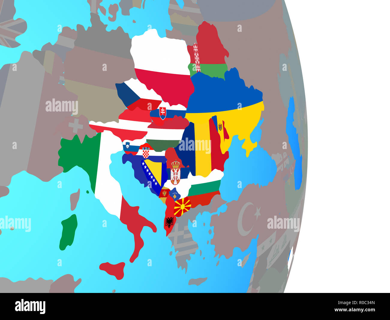 CEI countries with national flags on simple political globe. 3D ...