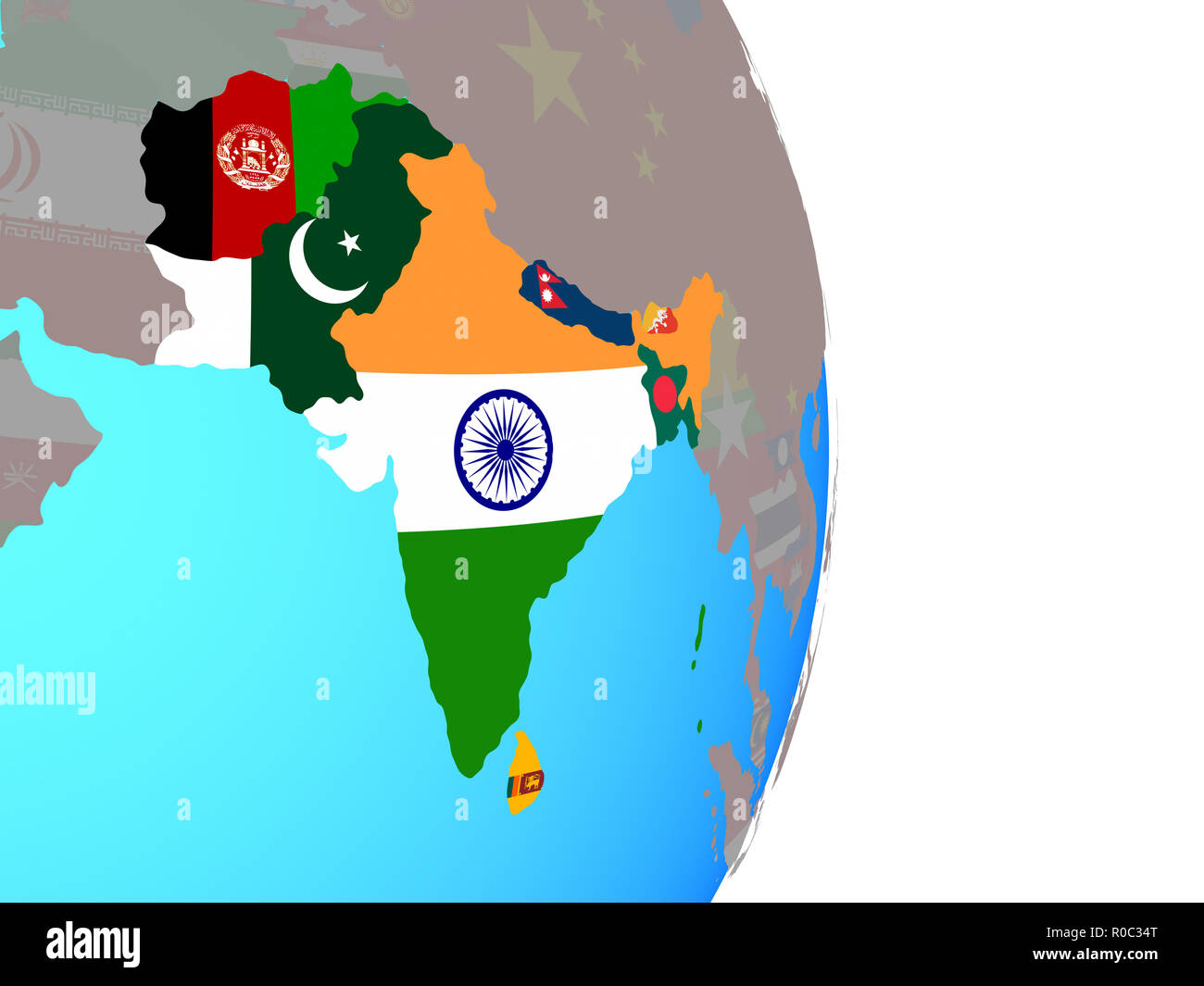 SAARC memeber states with national flags on simple political globe. 3D ...