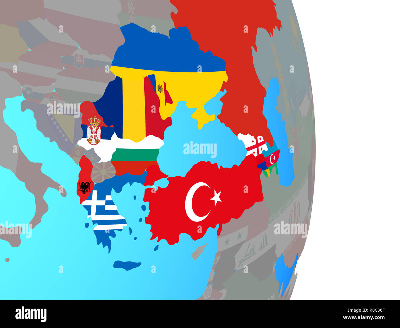 BSEC countries with national flags on simple political globe. 3D ...