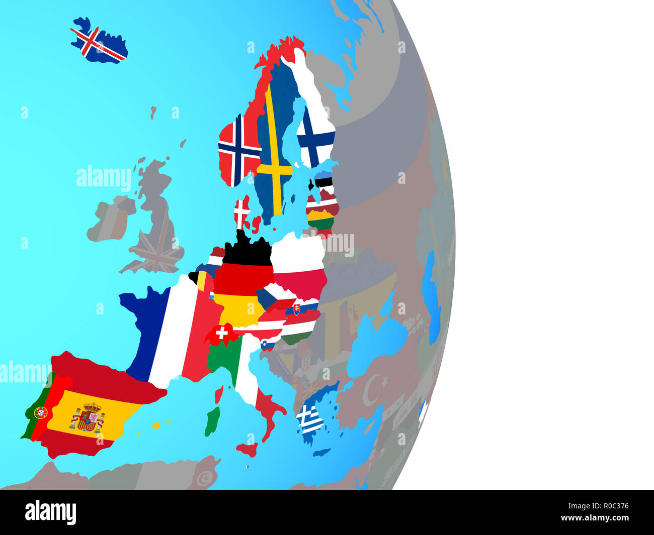 Schengen Area members with national flags on simple political globe. 3D ...