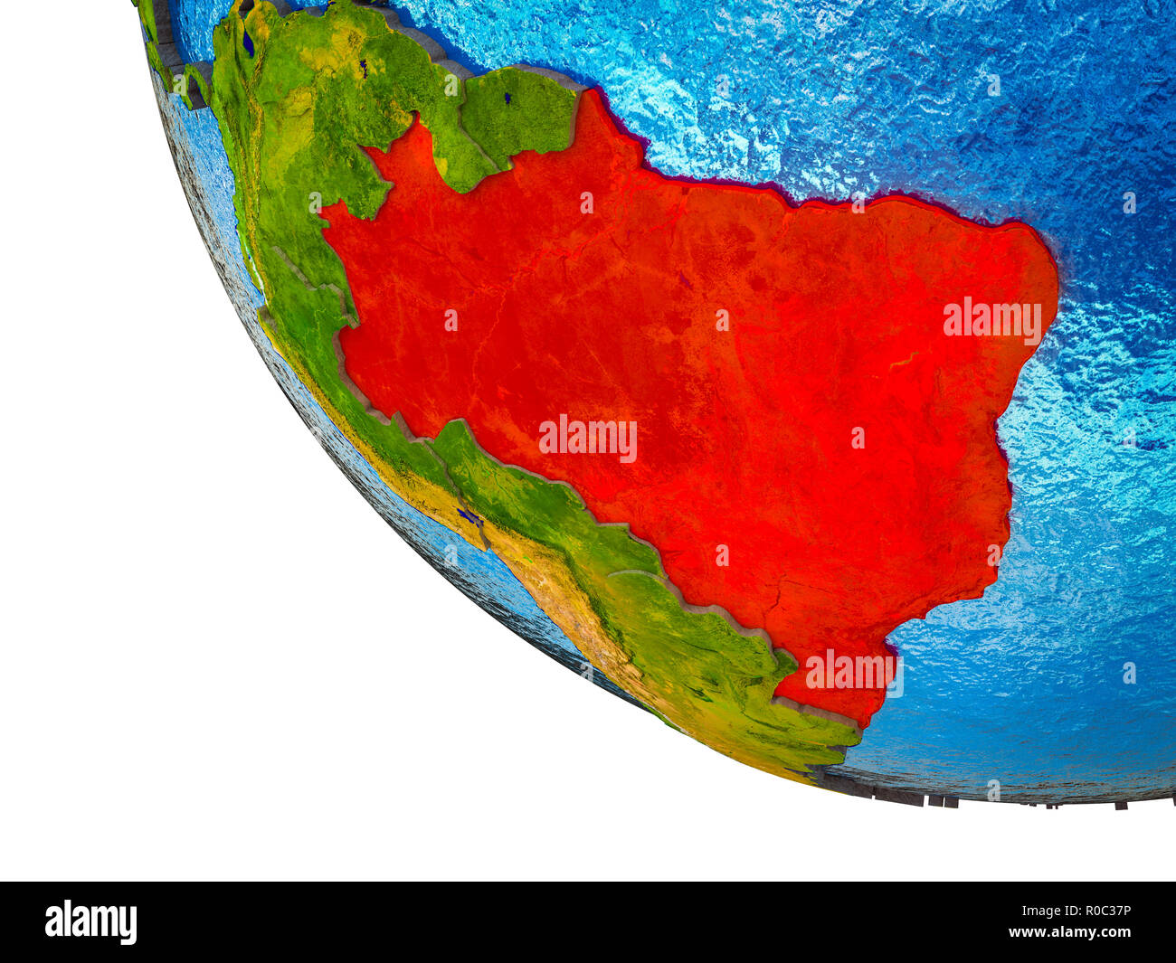 Brazil on model of Earth with country borders and blue oceans with ...