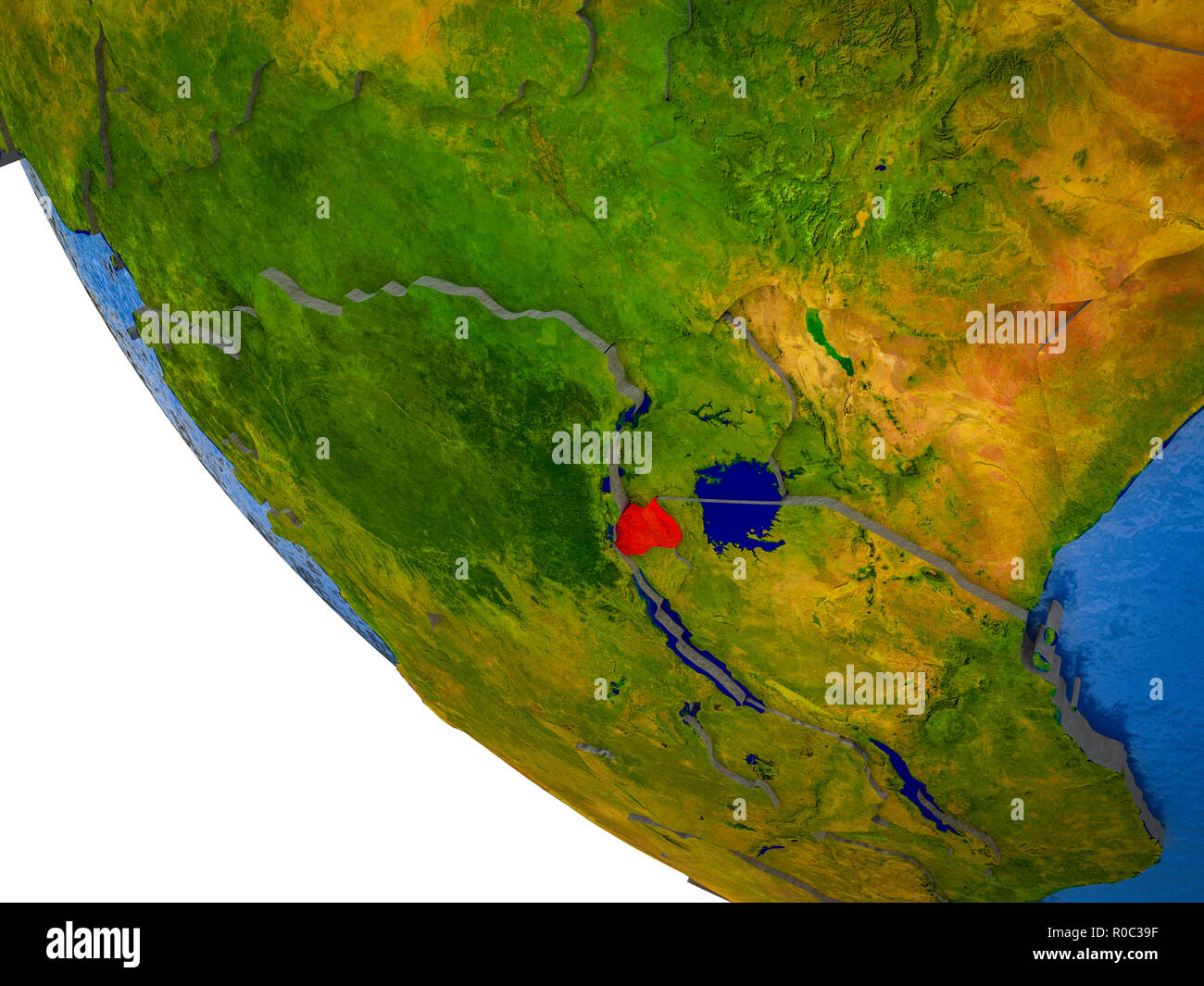 Rwanda on model of Earth with country borders and blue oceans with ...