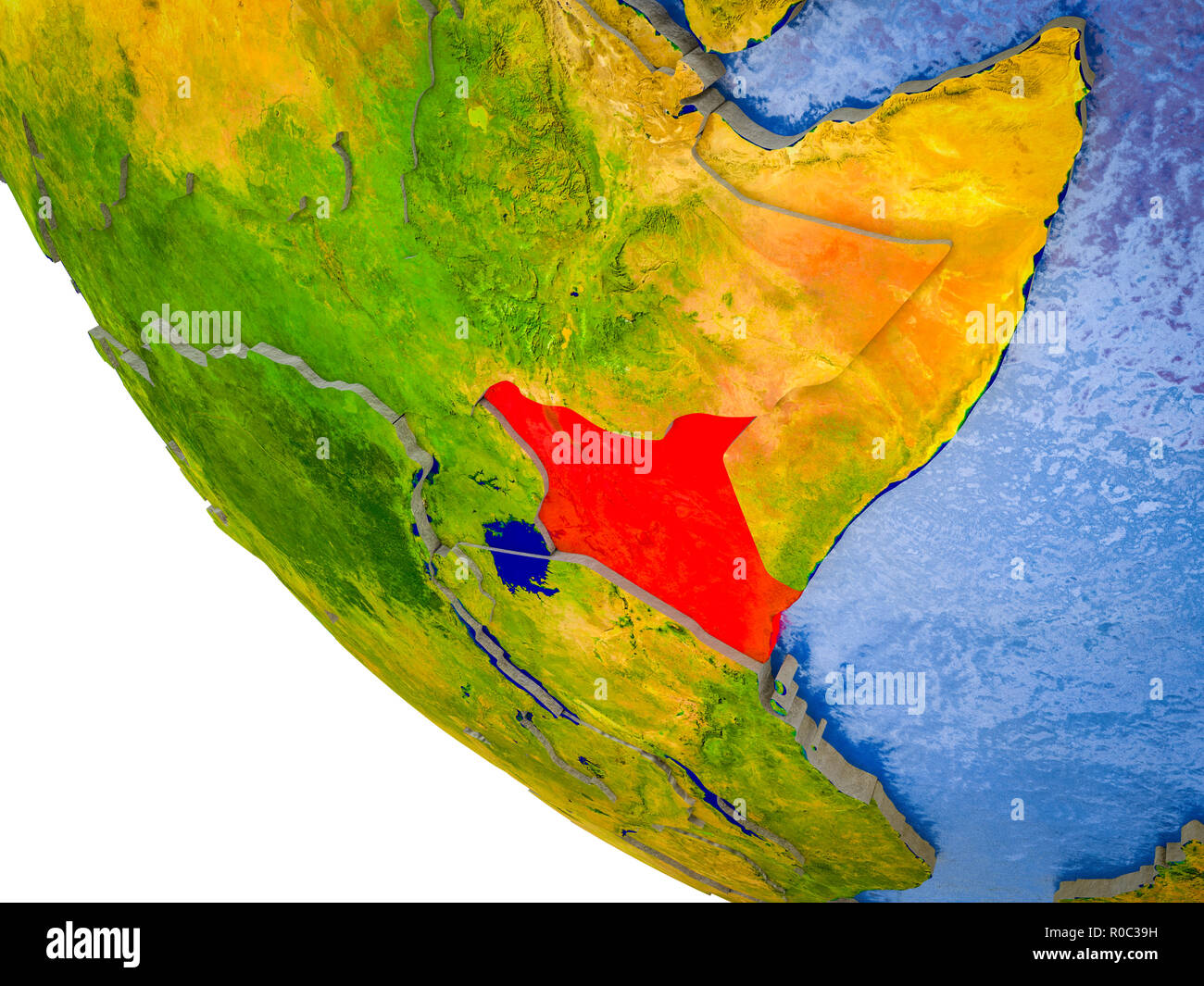Kenya on model of Earth with country borders and blue oceans with waves ...