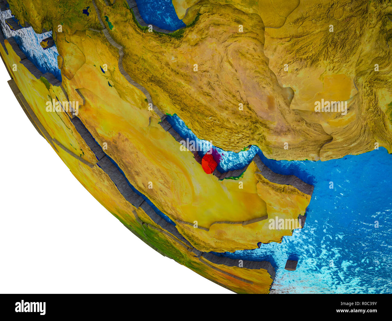 Qatar on model of Earth with country borders and blue oceans with waves ...