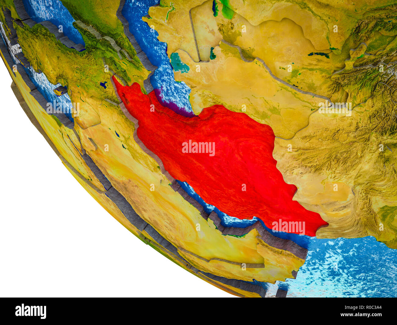 Iran on model of Earth with country borders and blue oceans with waves ...